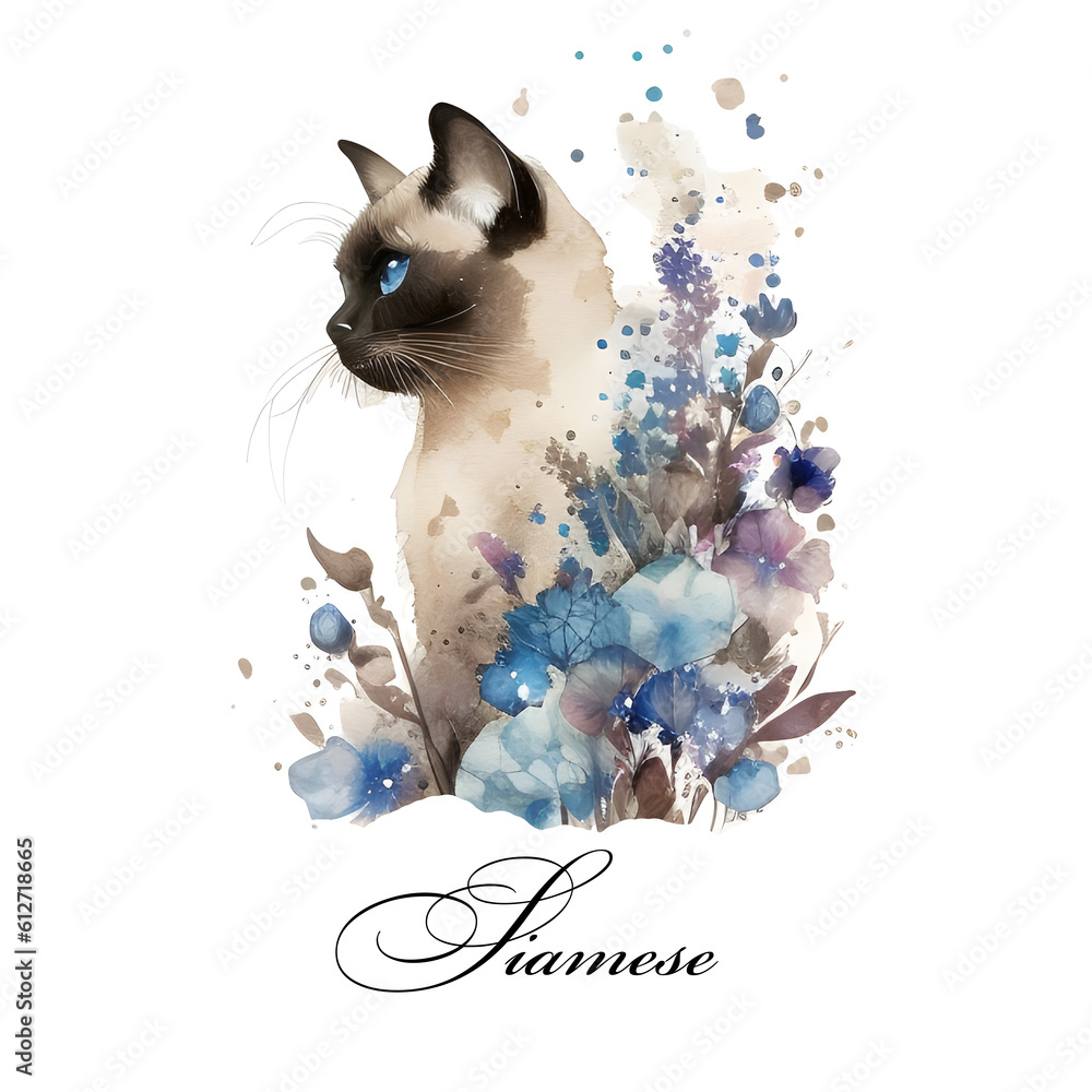 Watercolor illustration of a single cat breed siamese with flowers. AI ...