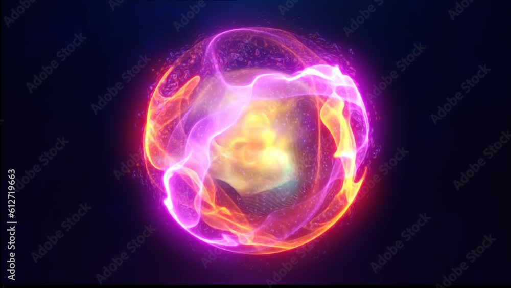 Energy sphere with glowing bright particles, atom with electrons and ...
