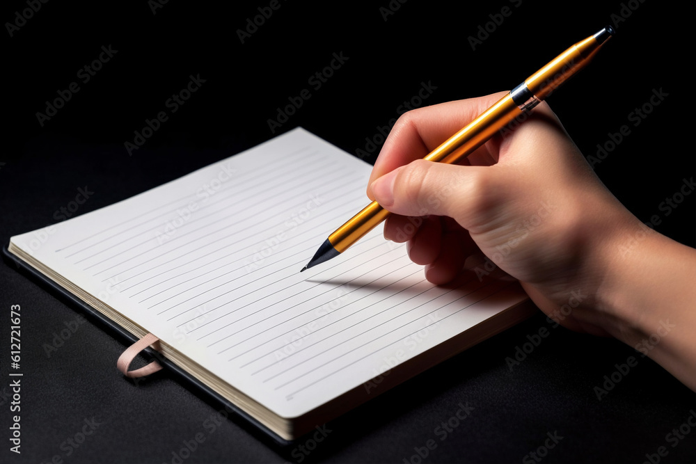 Mockup template with blank notebook and female hand holding metallic ...