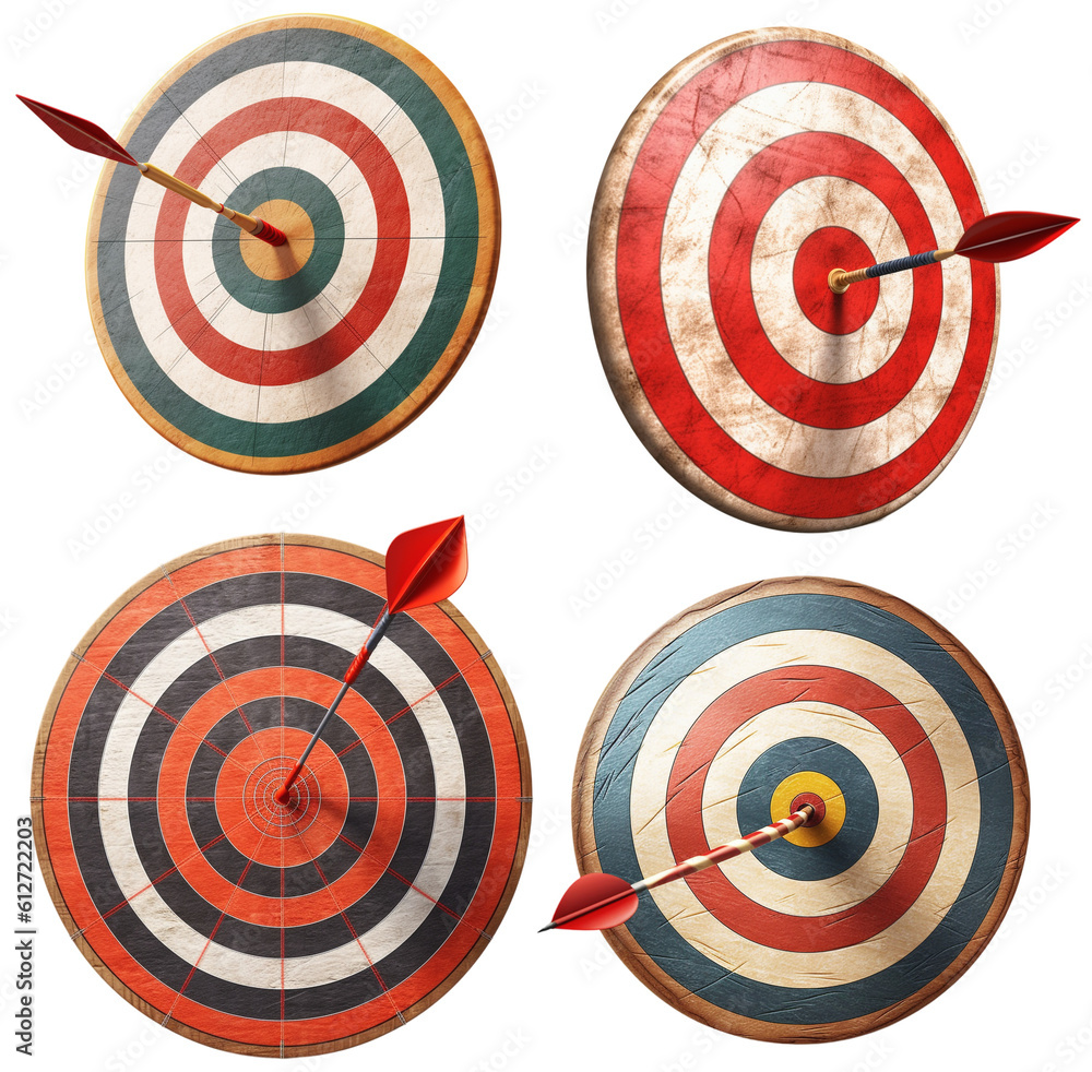 four targets with an arrow in the center of a target on a transparent ...