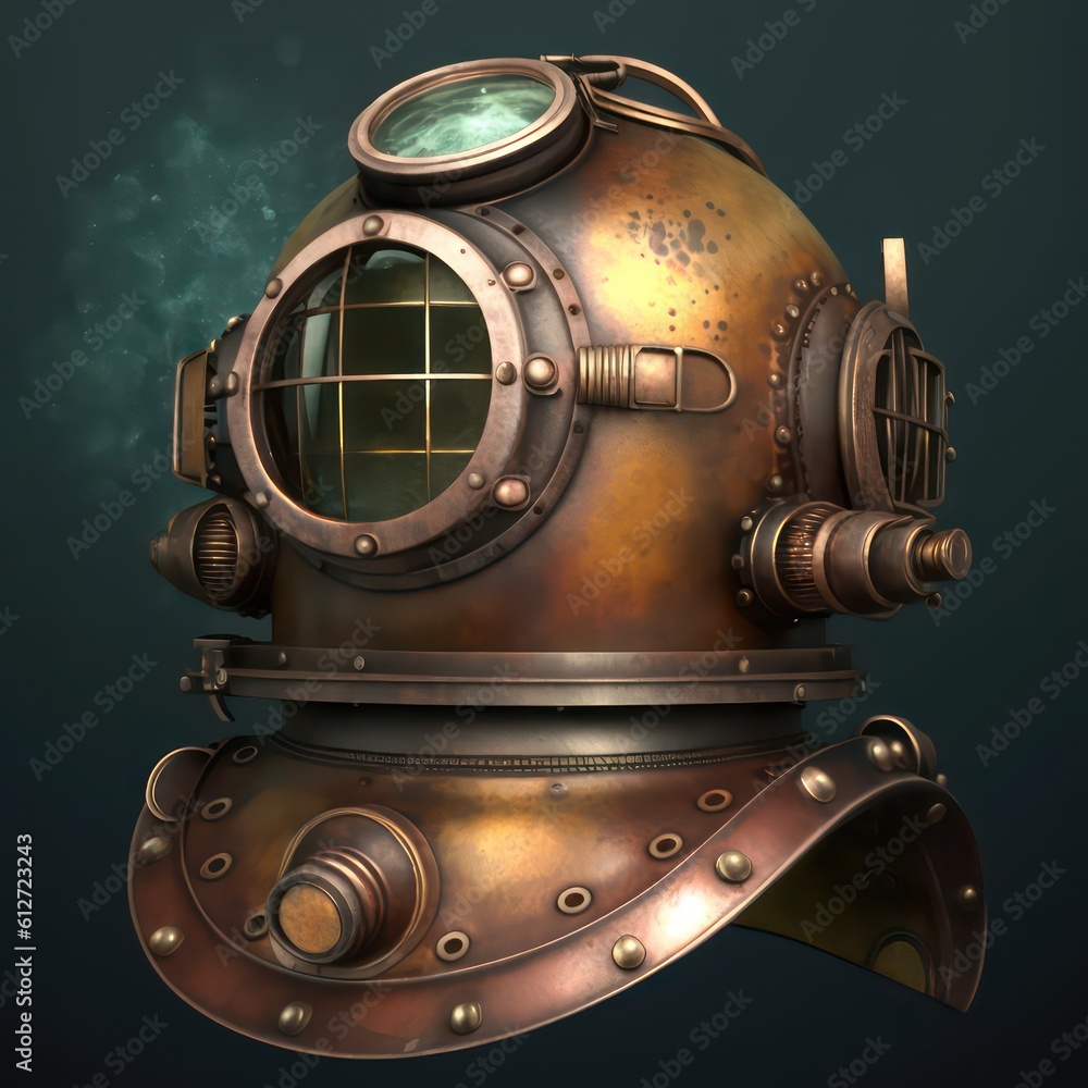 Biomechanic diving helmet vintage fancy color. Illustration. Digital ...