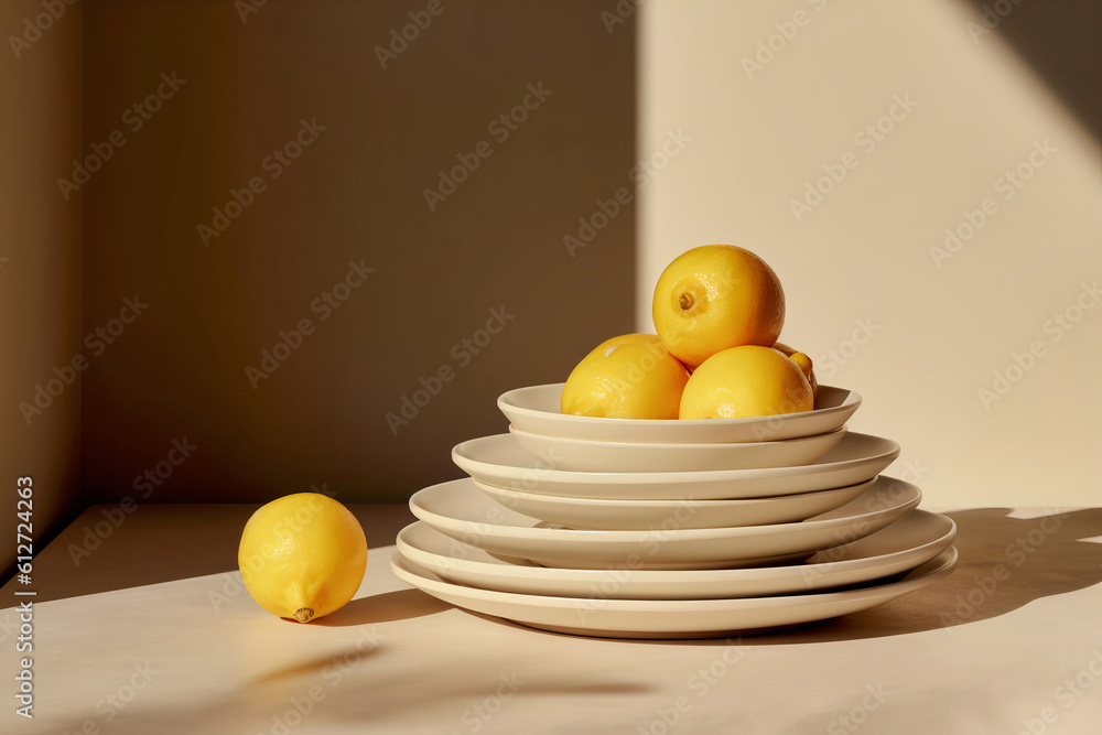 Stacked ceramic food plates in beige color shades with shadows and ...