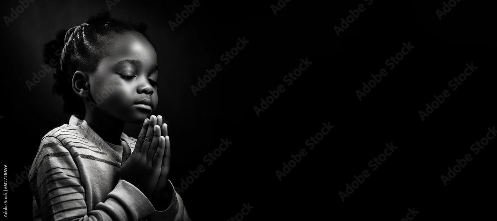 Black and white studio portrait of a young child praying banner on ...
