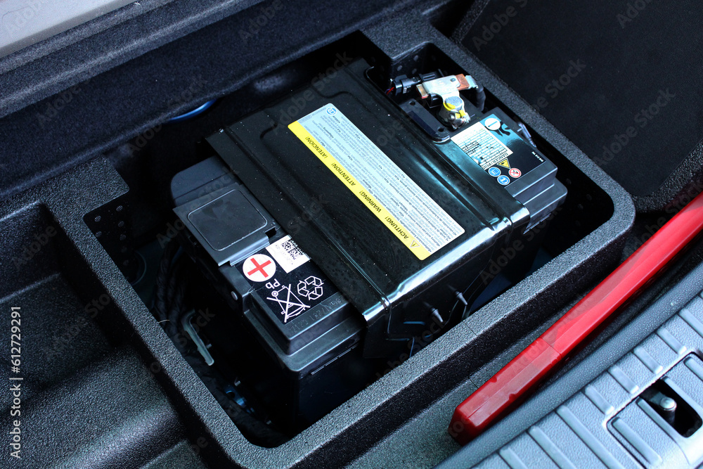 Vinnytsia, Ukraine; June 3, 2023. Skoda Kodiaq RS battery in trunk ...