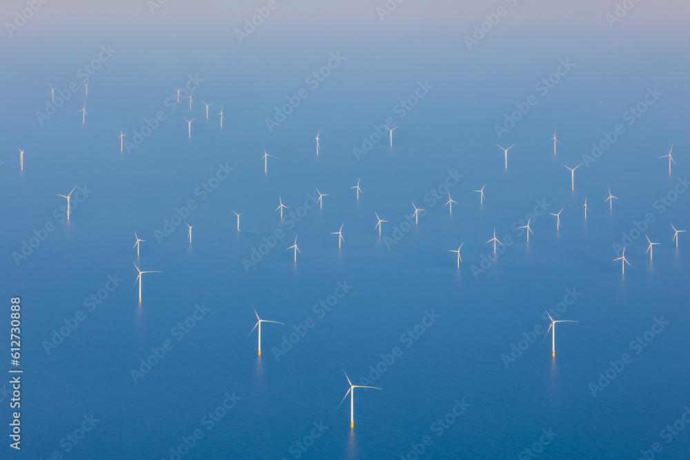 Aerial view of offshore wind farm with wind turbines on the North Sea ...