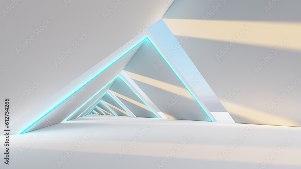 Futuristic interior background lamps glowing in gray tunnel 3d render ...