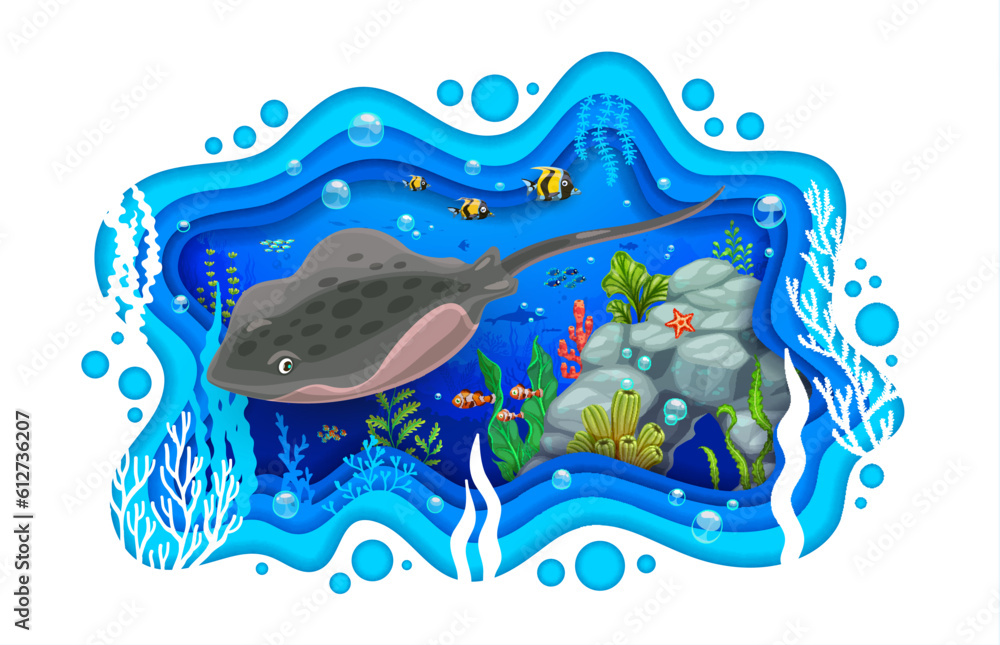 Cartoon stingray and sea paper cut underwater landscape with seaweeds ...