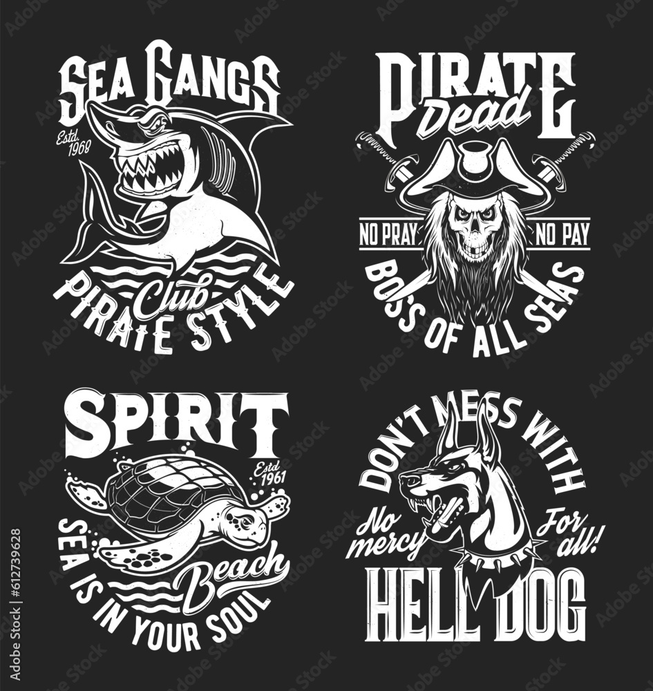 Shark Turtle Doberman And Pirate Captain Skull Mascots And T Shirt Prints Vector Emblems Sea
