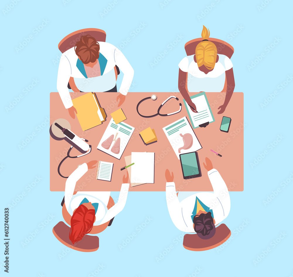 Medical team working at table, top view. Medic students study medicine ...