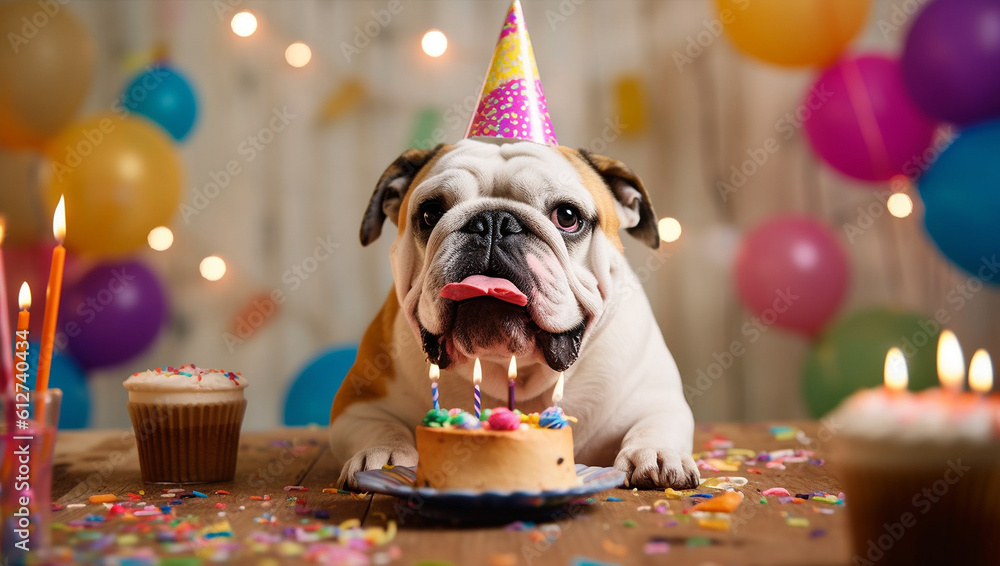 Cute Bulldog with party hat and delicious birthday cake on light blue ...