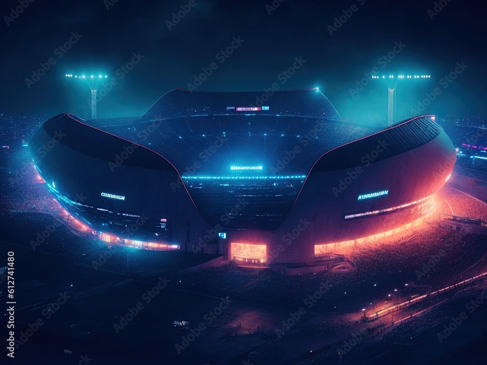 Modern Ai generative cyberpunk football stadium outside view with the ...