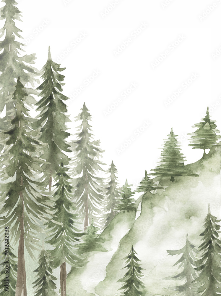 Watercolor woodland and mountains frame illustration, forest background ...