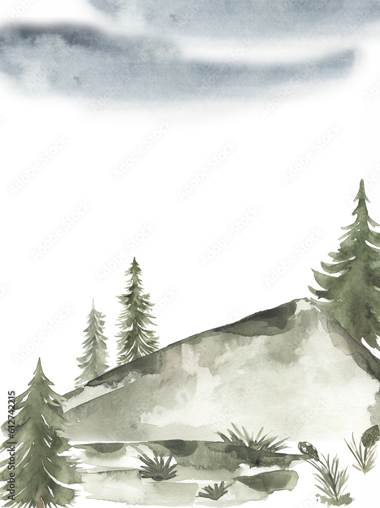 Watercolor woodland and mountains frame illustration, forest background ...