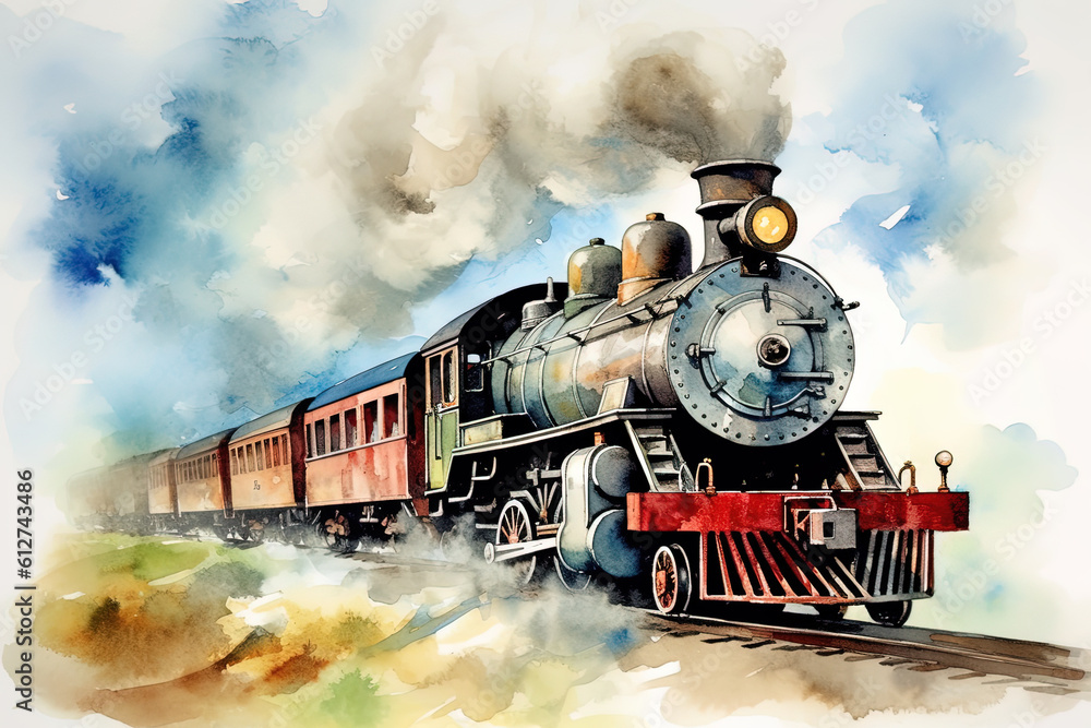 Watercolor Steam engine train background. Stock Illustration | Adobe Stock