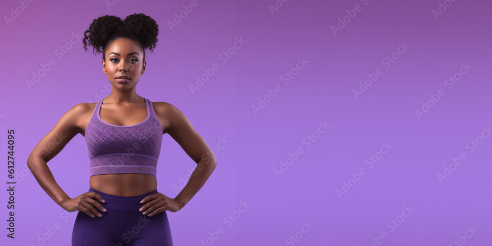 Attractive fit black female model wearing sporty outfit on pastel ...