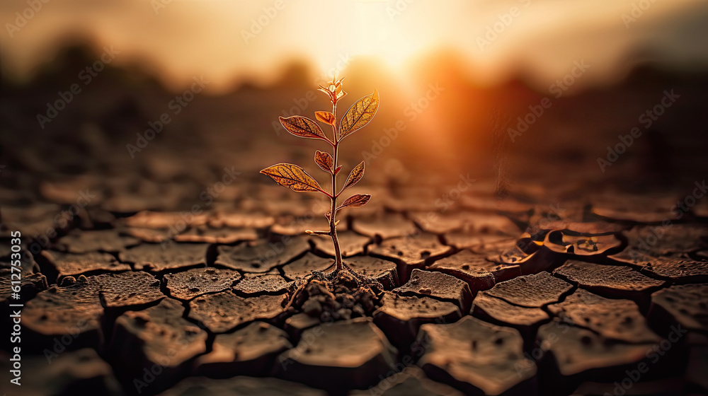 Plant seedling growing on dry cracked soil texture background with ...