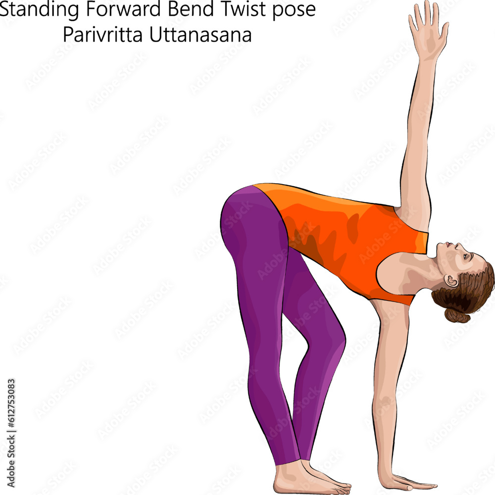 Young woman practicing yoga exercise, doing Standing Forward Bend Twist ...
