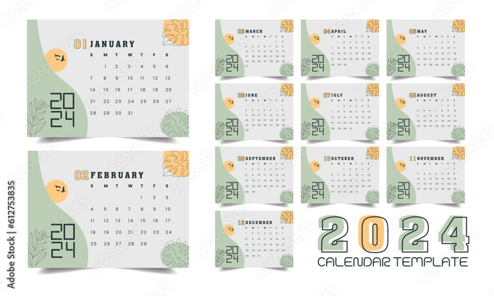 2024 calendar. Cover, set of 12 months pages and page with 2024 ...