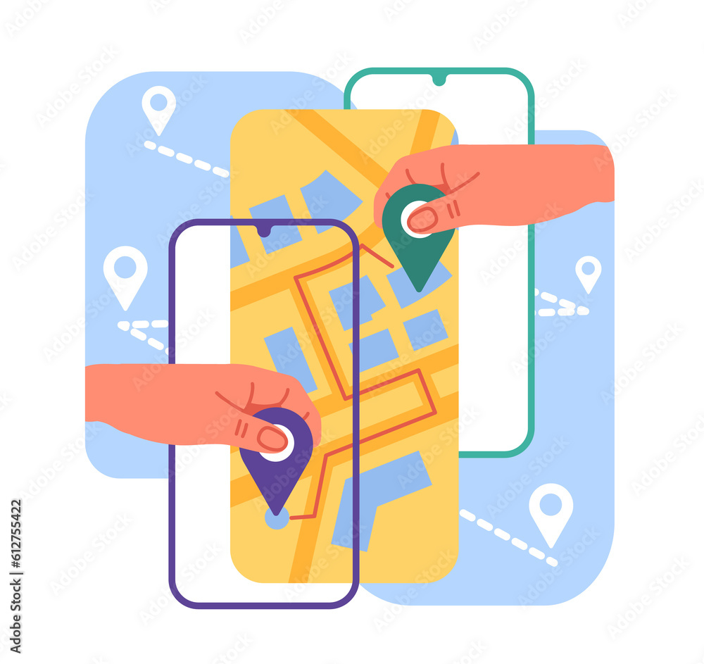 Hands put geometric on route of city map. Online navigation. Smartphone ...