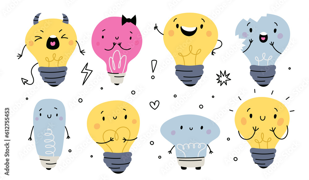 Cute light bulbs. Cartoon characters. Glowing and broken lightbulbs ...