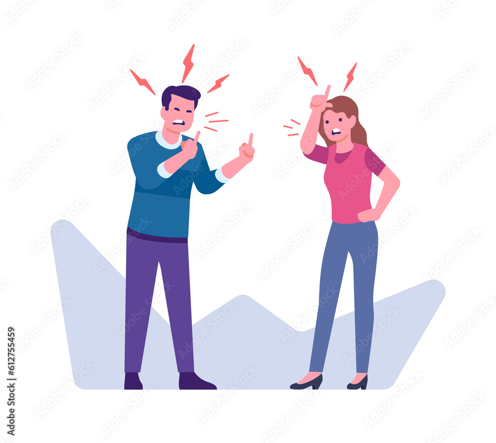 Woman and man yelling at each other and making rude gestures ...