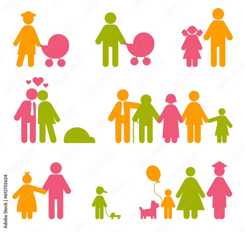 Colored family icons. Social life signs. Partnership and childhood ...