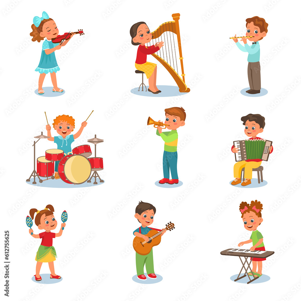 Children playing music instruments. Little musicians. Boys and girls ...