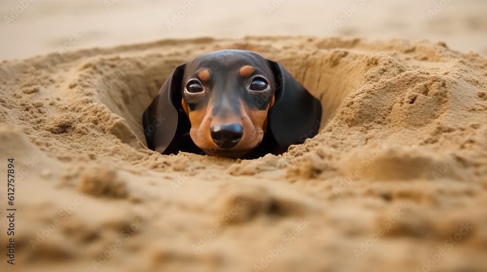 A charming capture of a dachshund buried in the sand, with only its ...