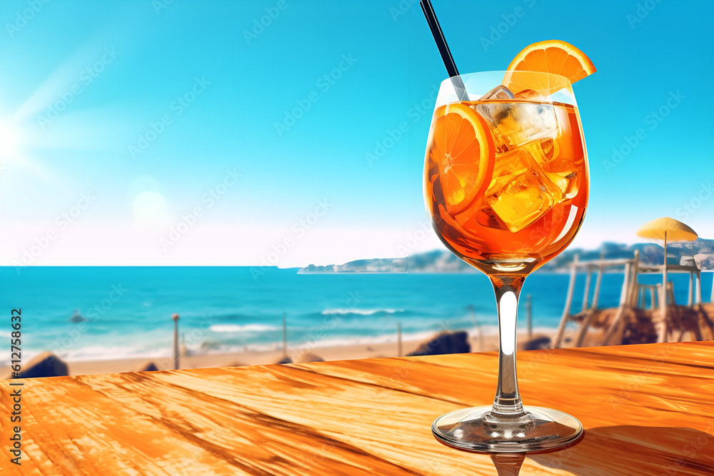 Aperol spritz cocktail against on the beach at sunny summer day the sea ...