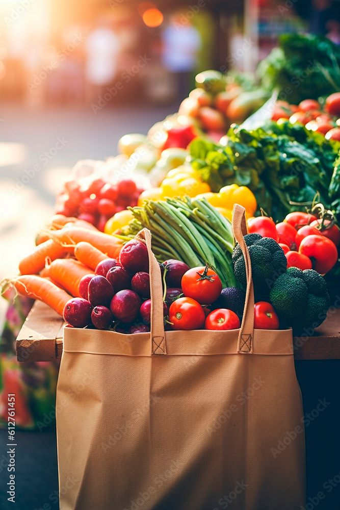holding a bag of fruits and vegetables in front of the food stall at ...