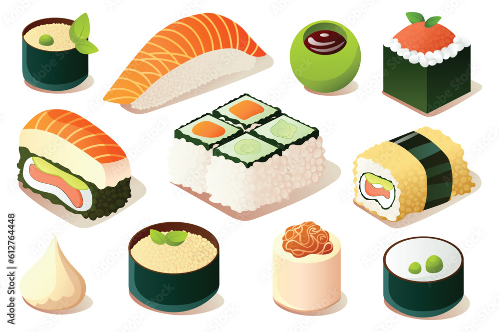 Sushi set. The illustration is a flat and cartoon design of a sushi set ...