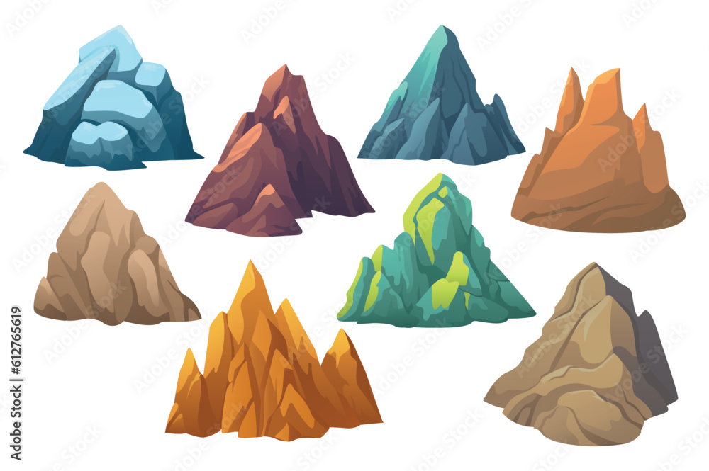 Mountain set. This illustration is a set of flat, cartoon-style ...