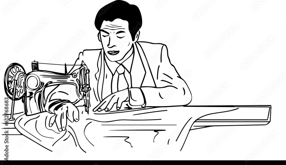 Outline sketch of tailor operating antique sewing machine in vintage ...