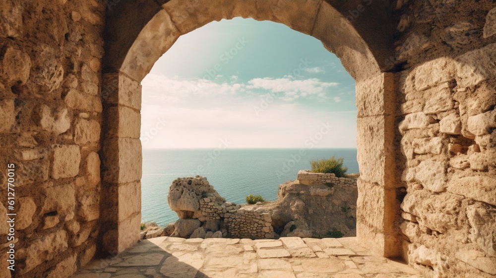 Generative AI, historic medieval stone arch windows with romantic view ...