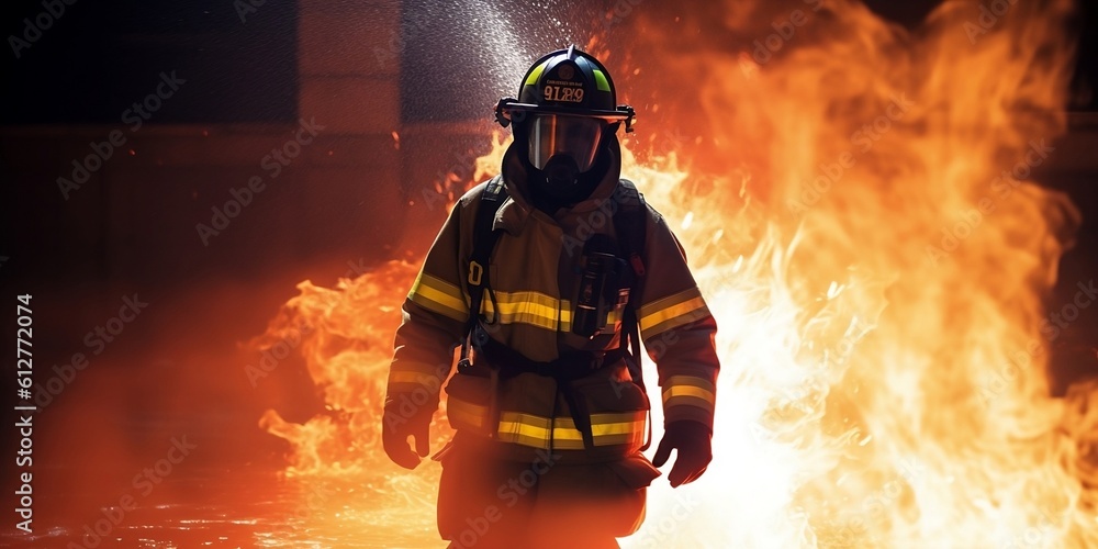 firefighter training., fireman using water and extinguisher to fighting ...