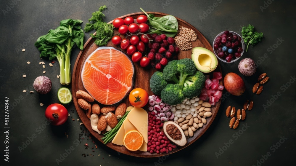 A balanced plate of food with lean proteins, whole grains, colorful vegetables, and healthy fats ...