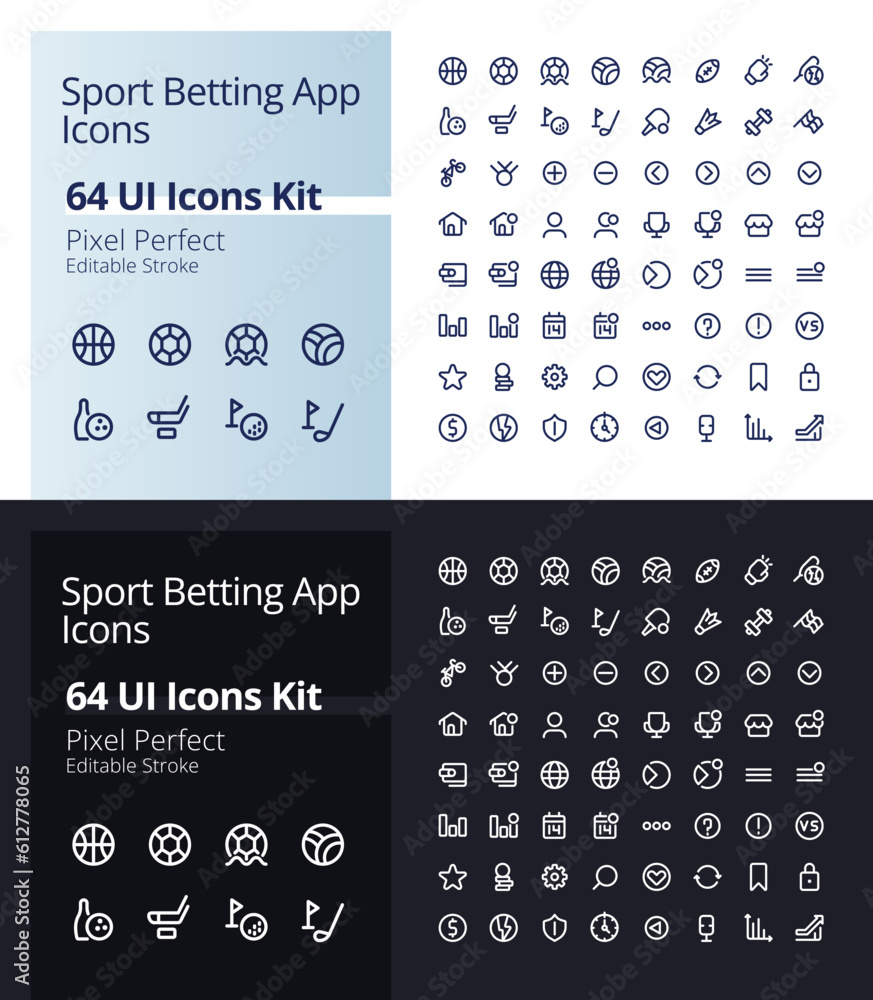 Sport betting app pixel perfect linear ui icons kit for dark, light ...