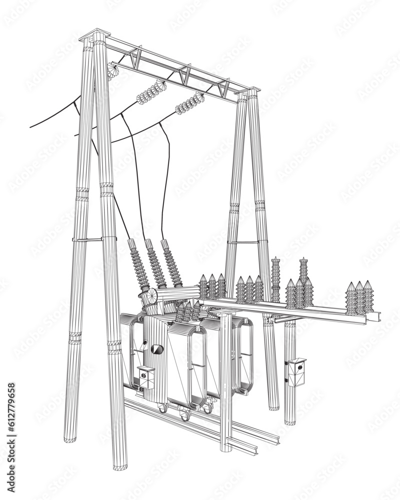 Wireframe Electric transformer substation. Power grid substation ... Wireframe Electric transformer substation. Power grid substation ...