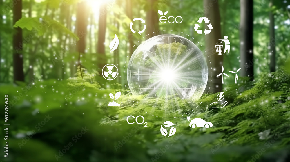 Glass globe in green forest with the icon environment of ESG, co2 ...