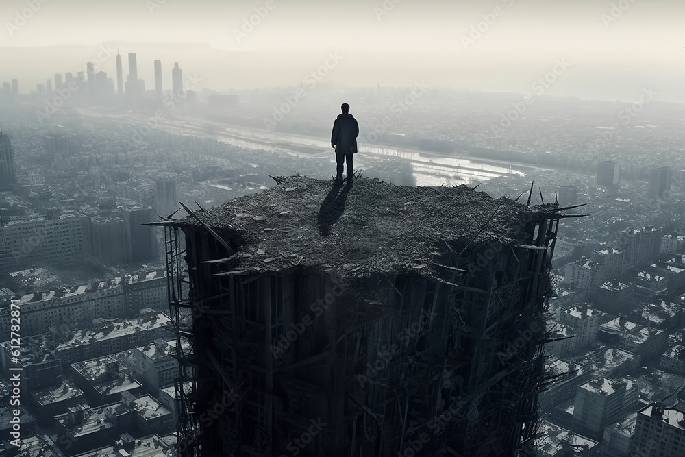 Back view of person standing on roof top looking to a dystopian post ...