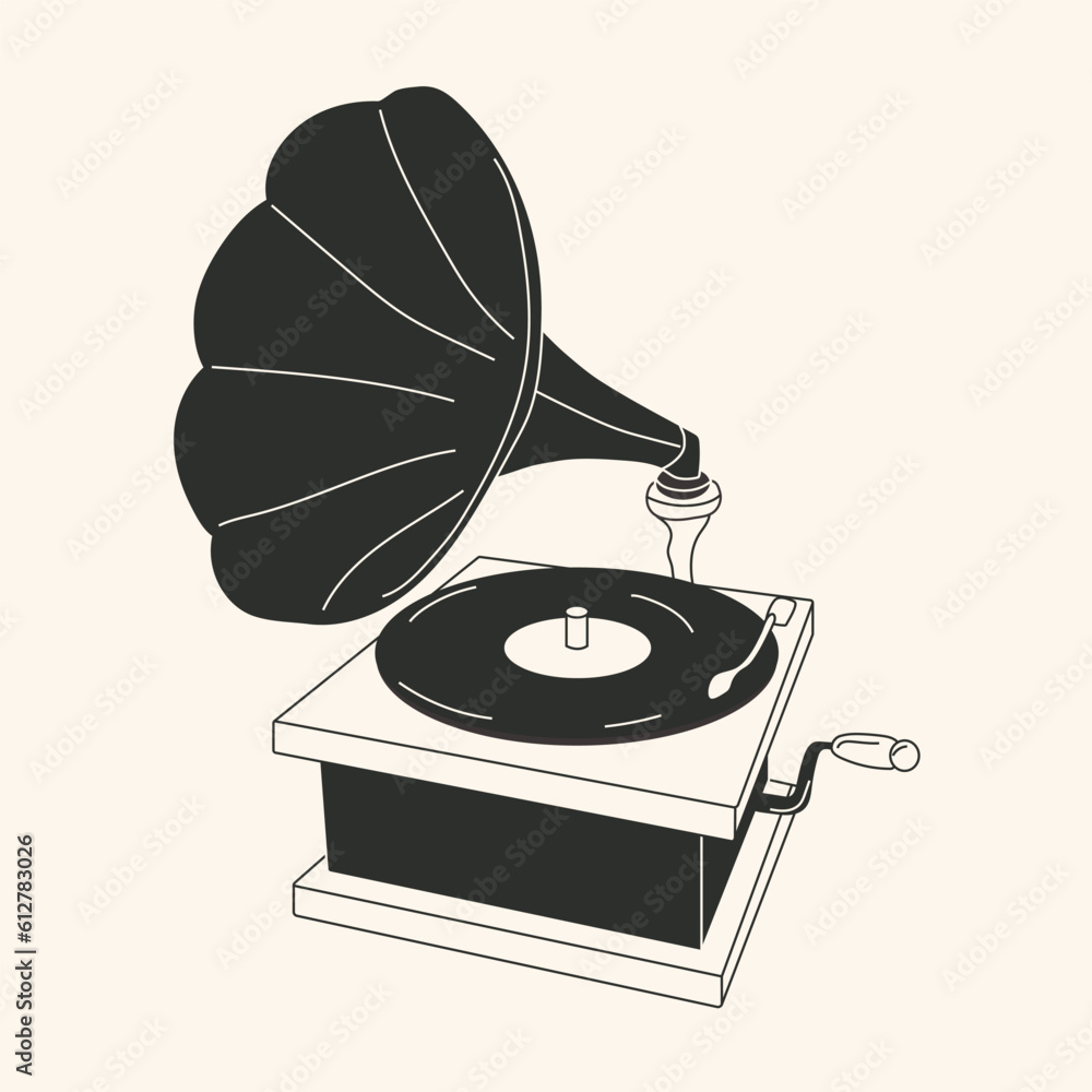 Black and white Cartoon Retro Gramophone record player drawing. Cute ...