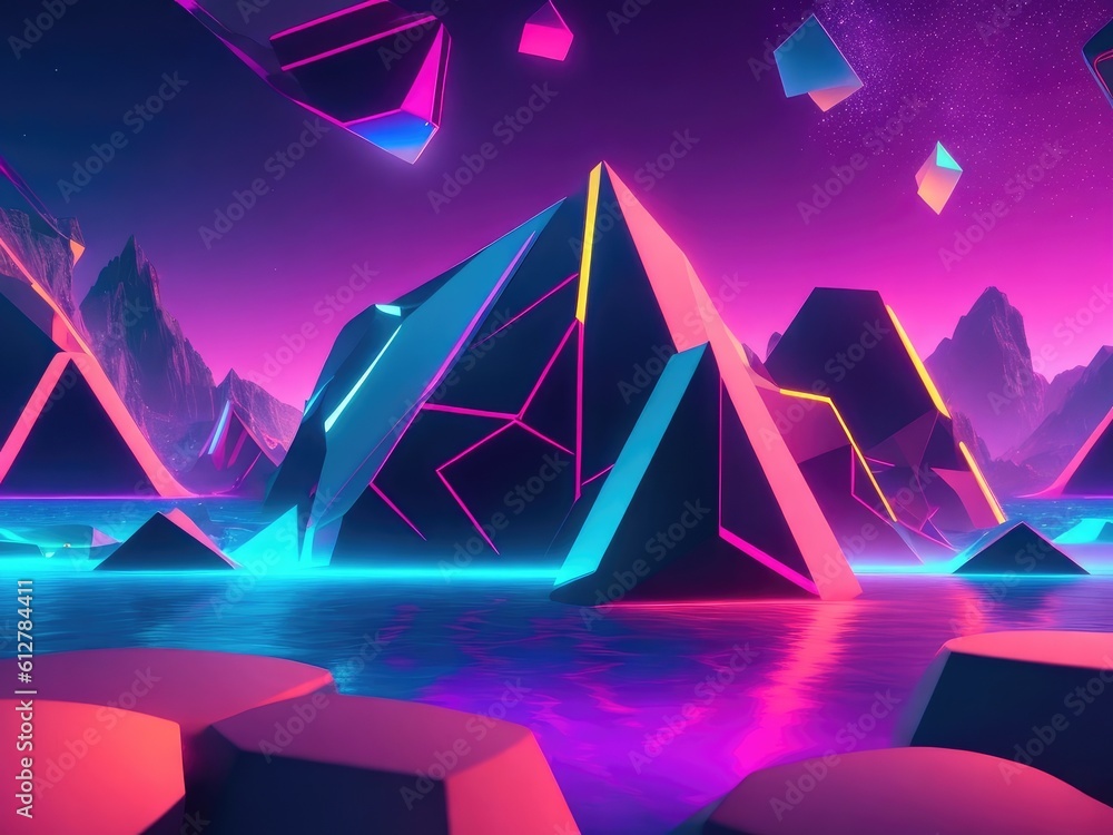 Abstract neon background with glowing geometric shapes and fantastic ...