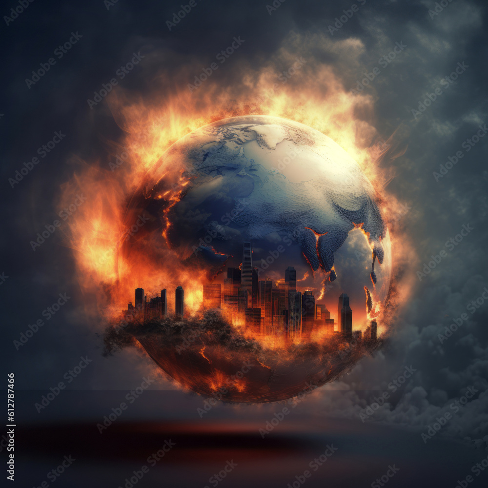 Earth globe collapse, burning, destroyed by fire. Conceptual ...