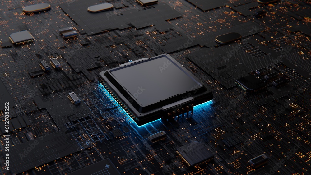 Blue computer electronic chip with blue glow, multiple filter effect ...