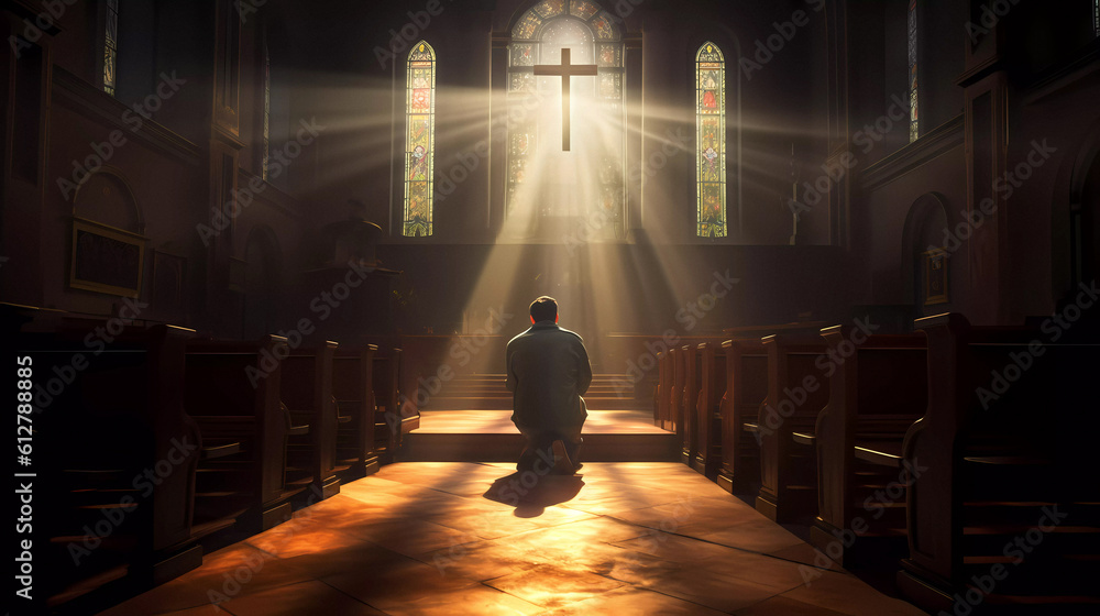 Lonely man kneeling before the altar Generative AI Stock Illustration ...