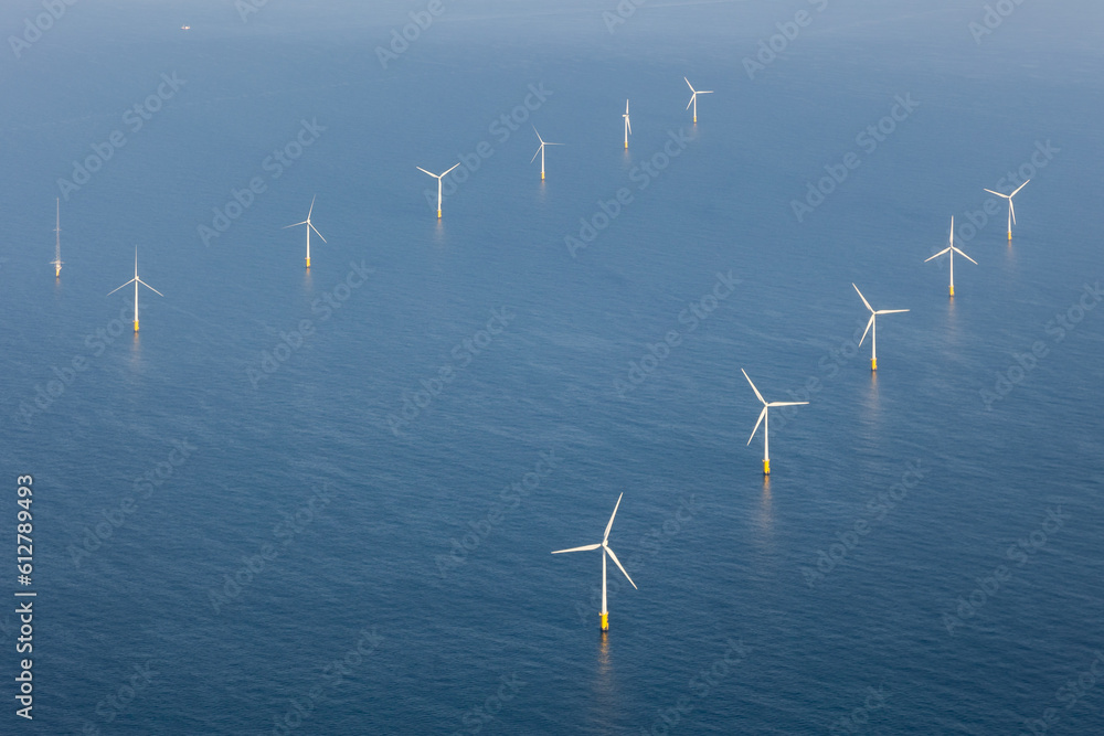 Aerial view of offshore wind farm with wind turbines on the North Sea ...