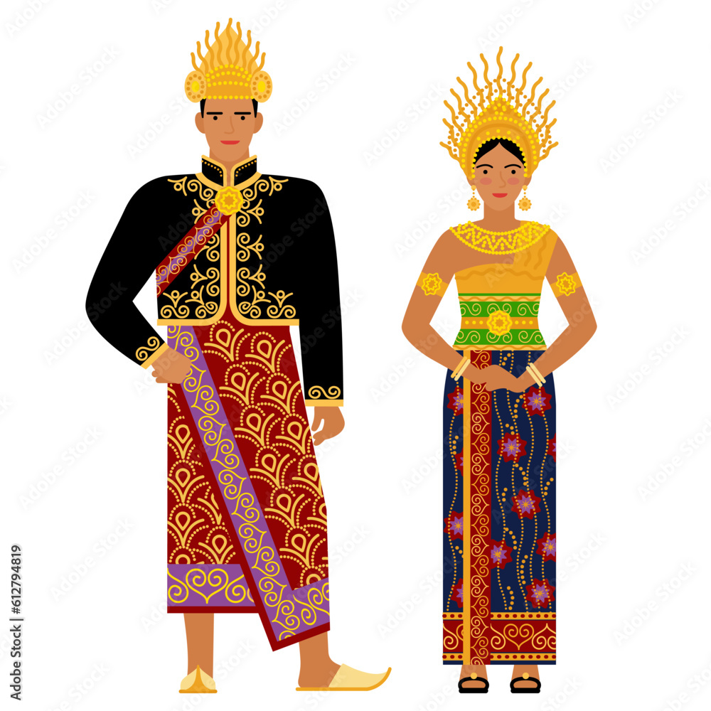 girl and young man in an Indonesian folk costume isolated on a white ...