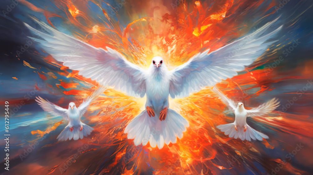 Three white doves symbolise the Holy Trinity, the Holy Spirit and ...