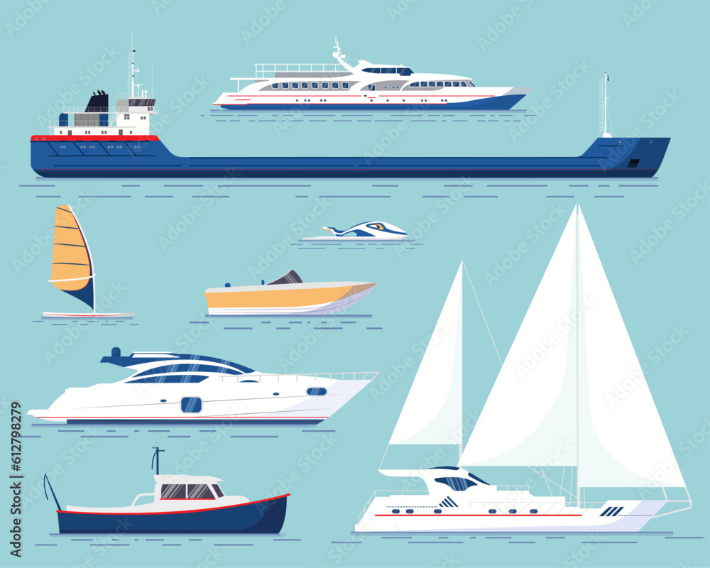 Types of ships. Yachts, water scooters, sailboats, large and small ...