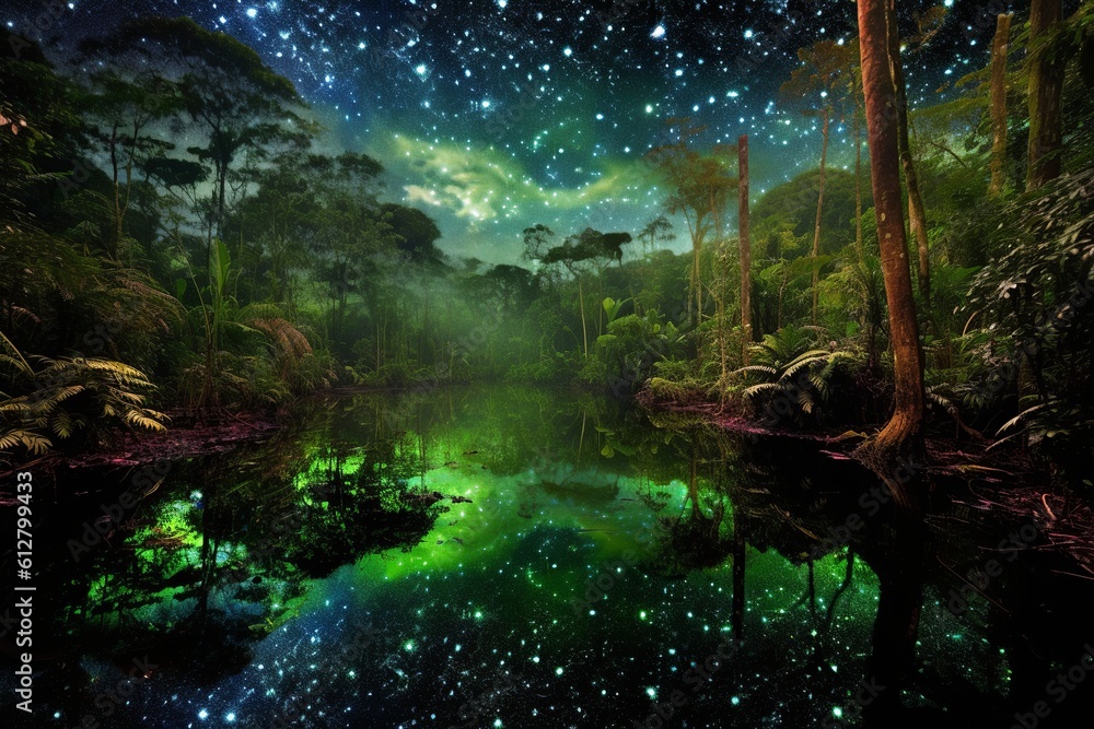 Rainforest under a nebula night sky, illustrating the stunning contrast ...